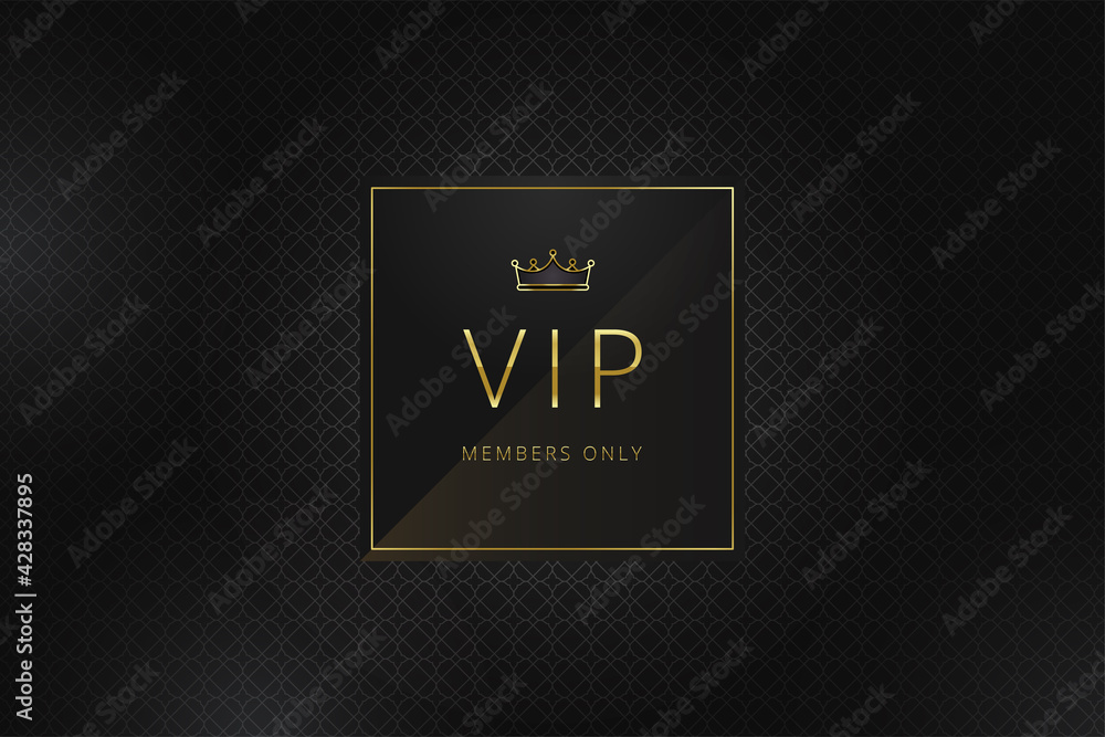 VIP banner design template. Square badge with golden frame and crown on ...