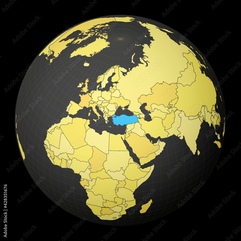 Turkey on a dark globe with a yellow world map. The country is ...