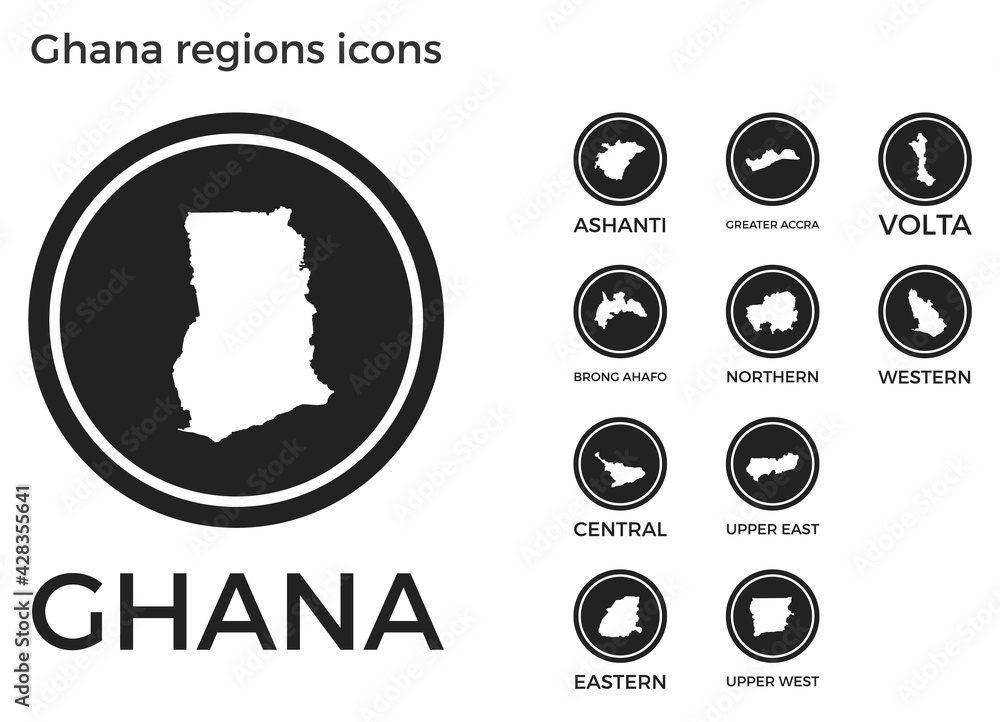 Ghana regions icons. Black round logos with country regions maps and ...