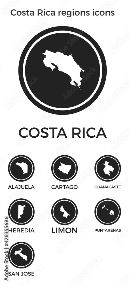 Costa Rica regions icons. Black round logos with country regions maps ...