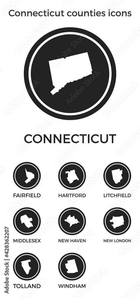 Connecticut counties icons. Black round logos with us state counties ...