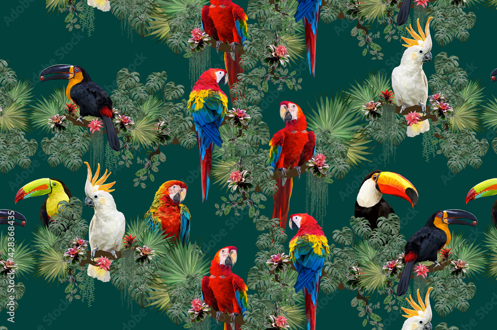 Seamless patterns Amazon tropical rainforest and macaw birds. Stock ...