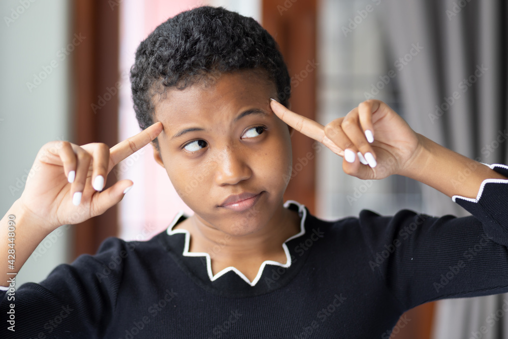thoughtful black woman thinking, planning, portrait of black African ...