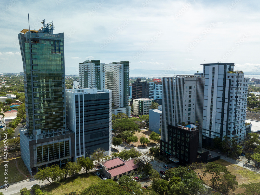 Alabang, Muntinlupa, Metro Manila - Aerial of office towers, hotels and ...