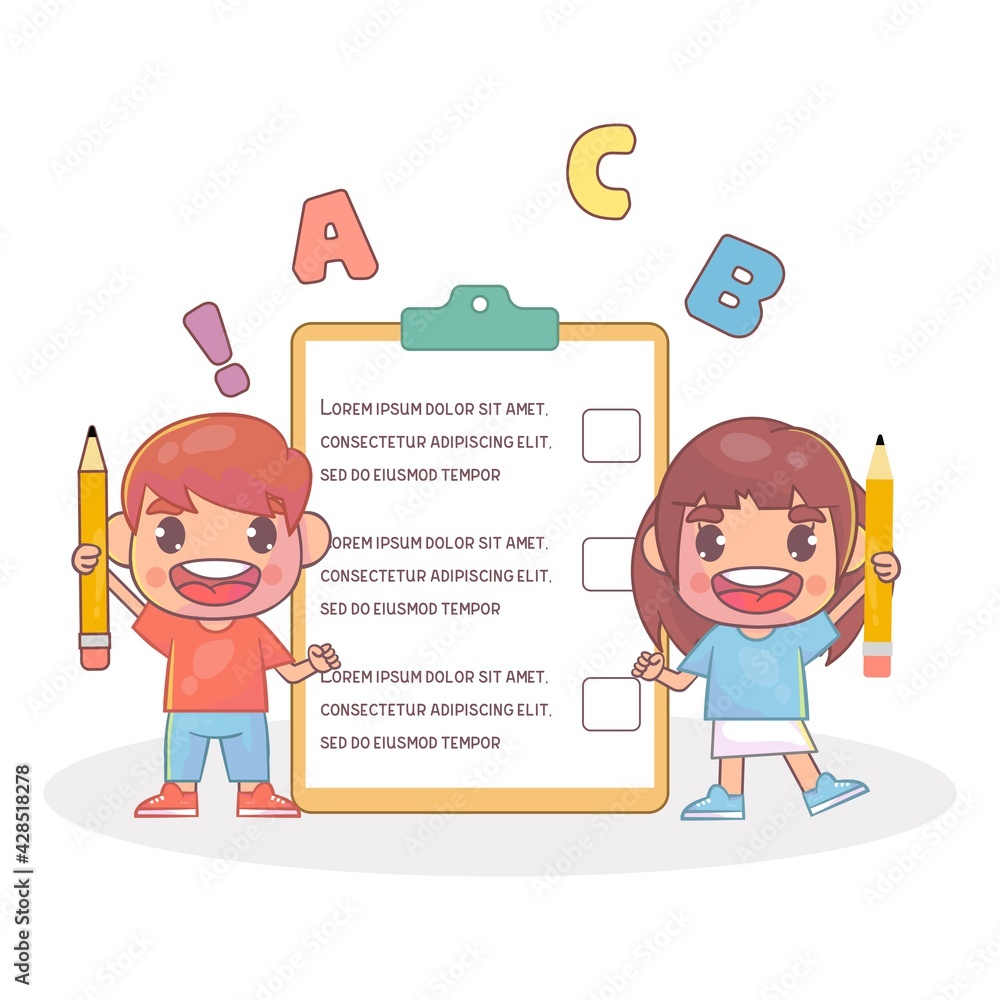Happy cute kid boy and girl show check list board Premium Vector Stock ...