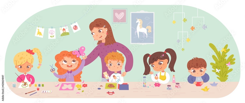 Kids in art and crafts class with teacher. Children painting, crafting ...