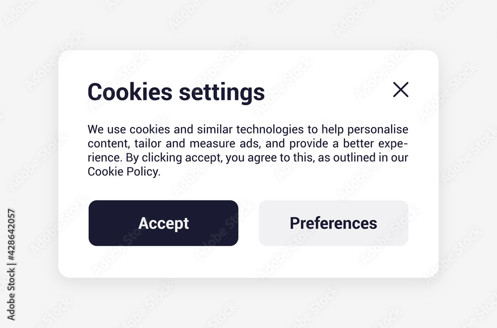 Cookies settings popup template. Isolated cookie preferences card on ... Cookies settings popup template. Isolated cookie preferences card on ...