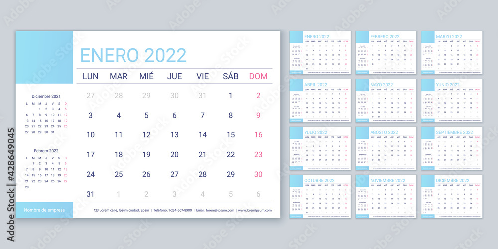Calendar 2022 year. Spanish planner template. Week starts Monday ...