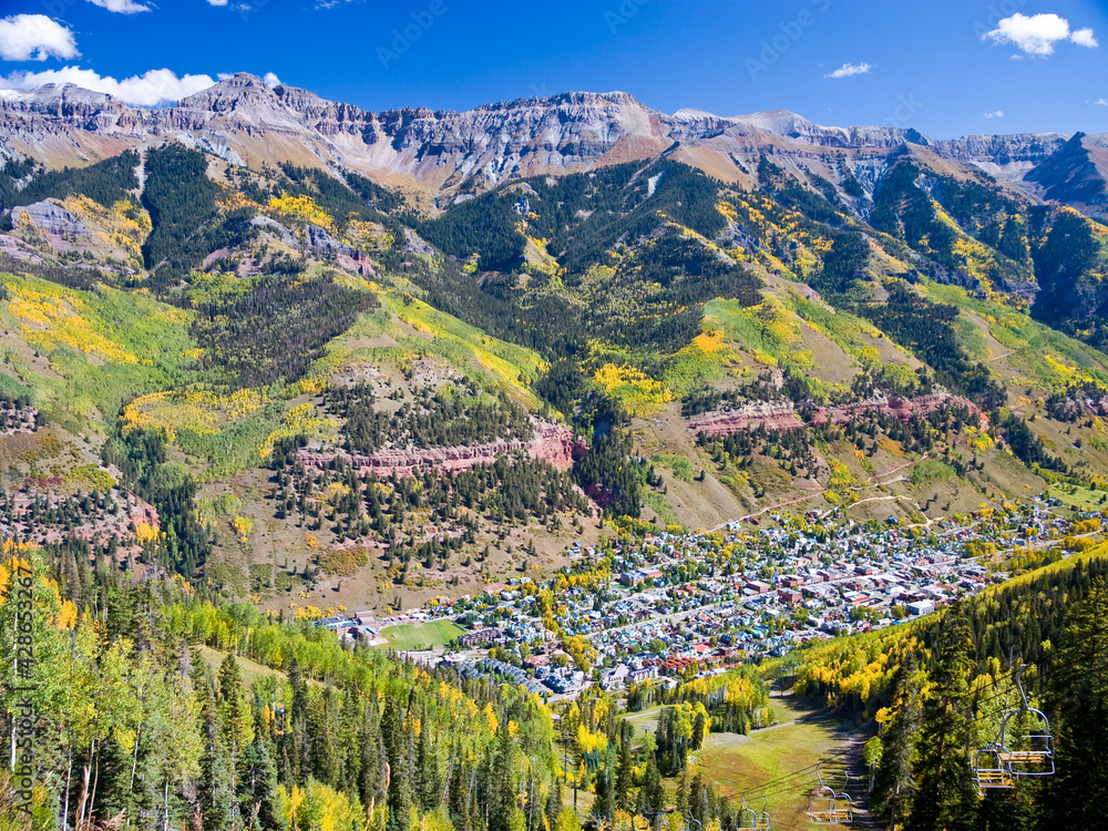 Telluride Autumn Aerial - Autumn aerial view of Town of Telluride in ...