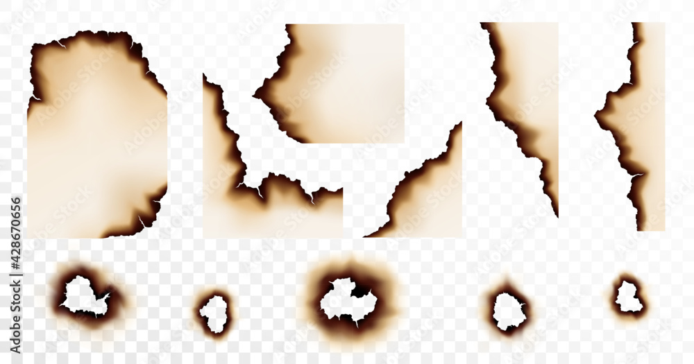 Burnt paper hole, page edges and corners. Realistic fire flames, ashes ...