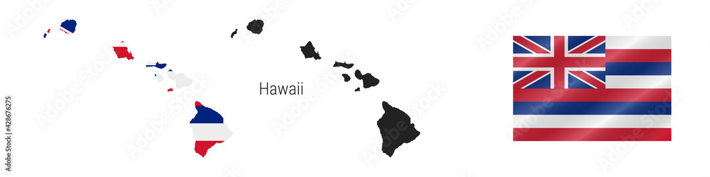 Hawaii US state detailed flag map. Detailed silhouette. Waving flag ...
