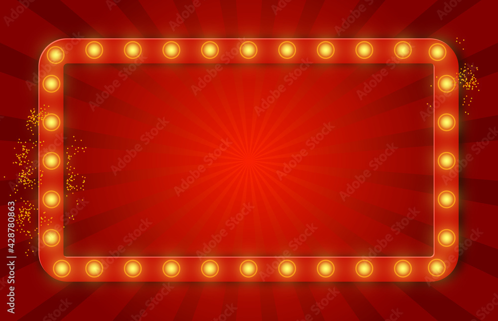 Red rectangular retro frame with glowing lamps. Vector illustration with shining lights in ...