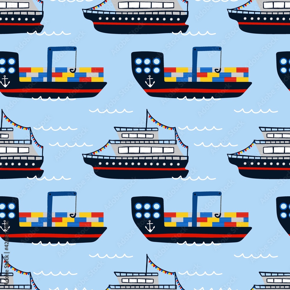Cargo barge and cruise ship seamless pattern. Cartoon hand drawn sail ...