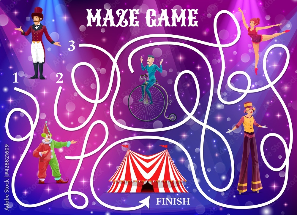 Circus labyrinth maze game. Vector kids boardgame help artists reach ...