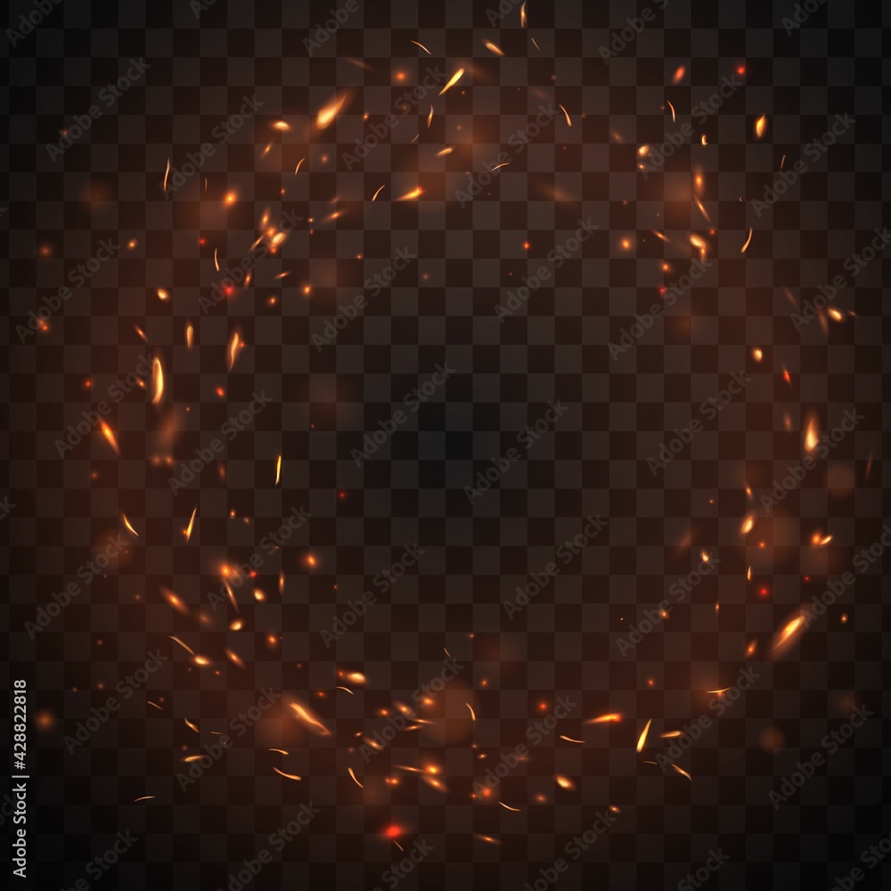 Round fire sparks frame with burning bonfire embers, vector glowing ...
