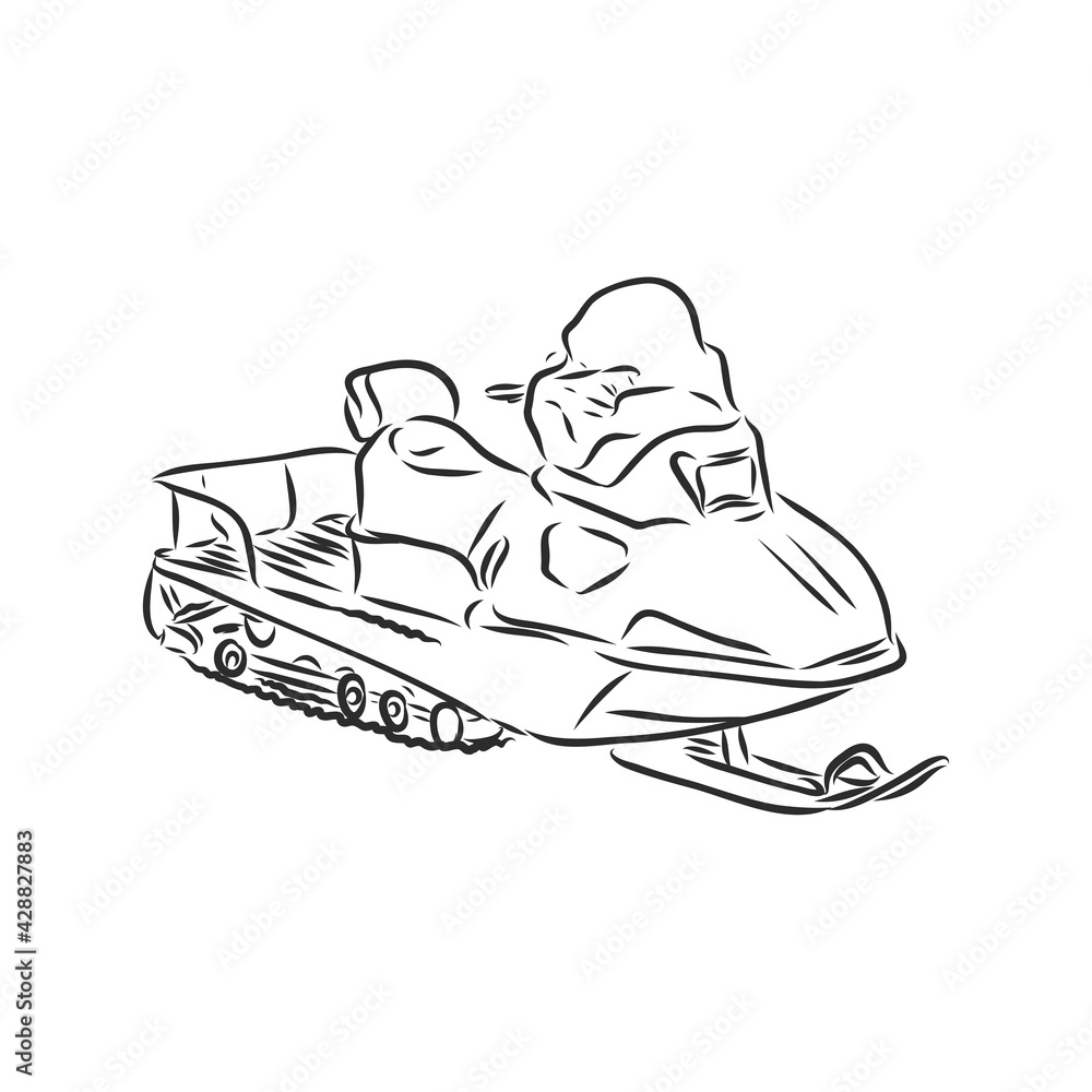 isolated illustration of a rider on a snow scooter , black and white ...