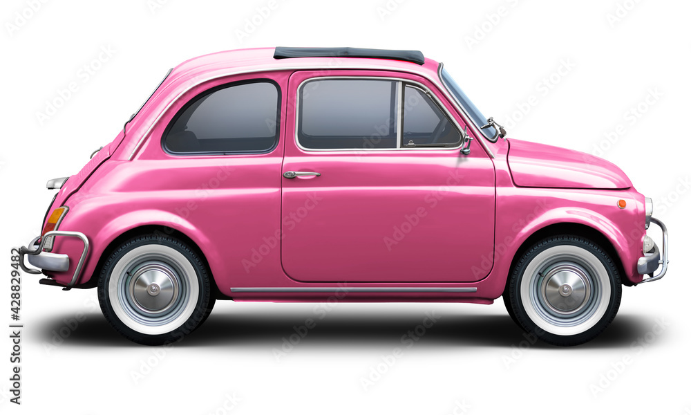 Small retro car of pink color, side view isolated on a white background ...