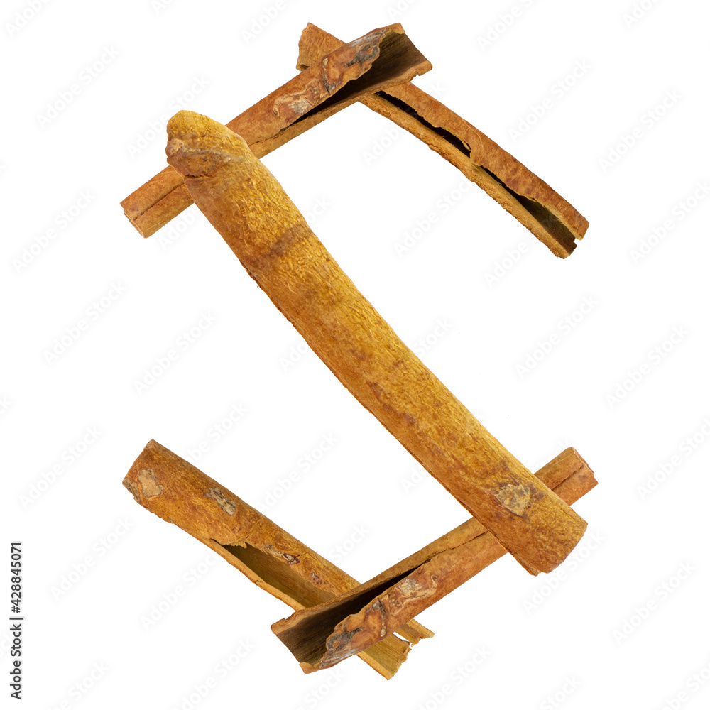 Cinnamon font. Letter S is made from pieces of cinnamon on white ...