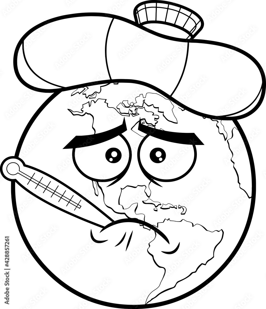 Outlined Sick Earth Globe Cartoon Character With Thermometer And Ice ...