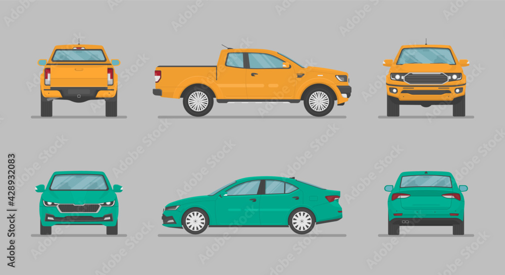 Car in different view. Front, back, top and side car projection. Flat ...