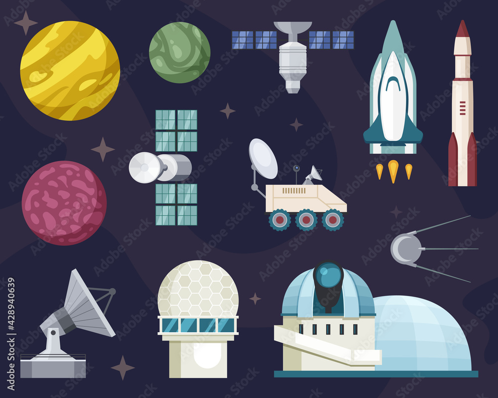 Explore travel in space set. Star observatories with powerful ...