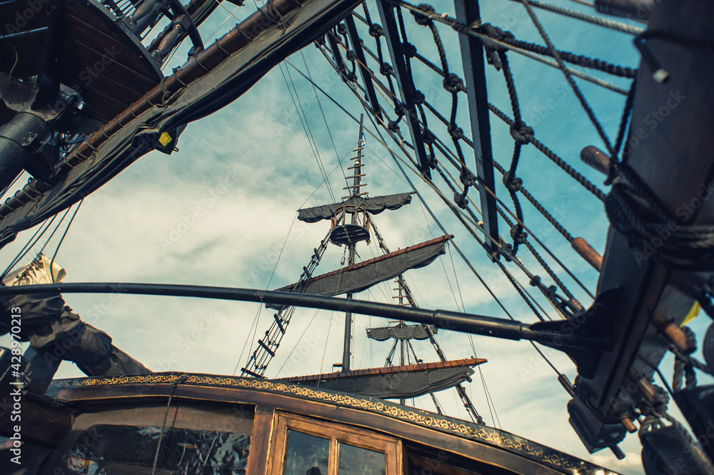 Sail, ropes and ladders of a pirate ship Stock Photo | Adobe Stock
