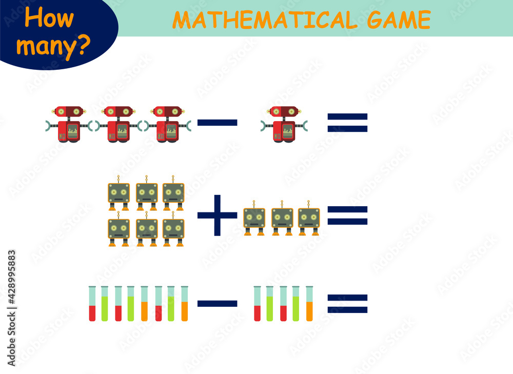 examples of addition and subtraction with robots. educational page with ...