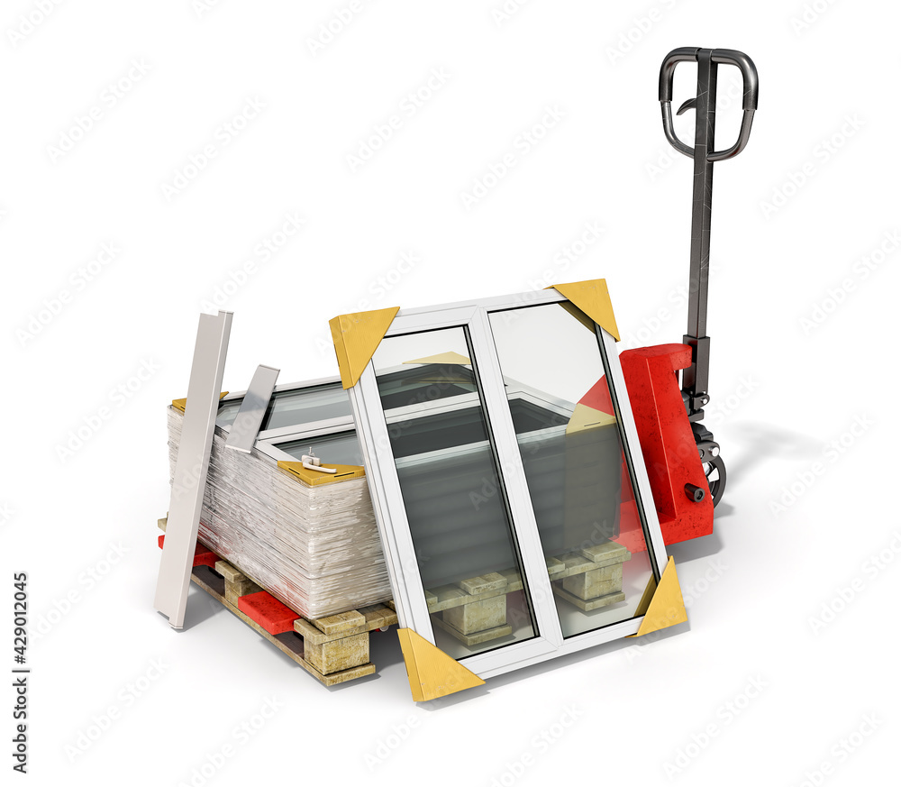 PVC windows in packaging process on a pallet on pallet jack isolated on ...