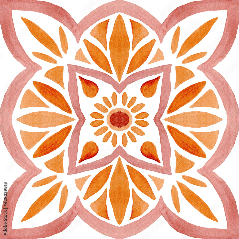 Watercolor terracotta tile isolated on white background. Hand painting ...