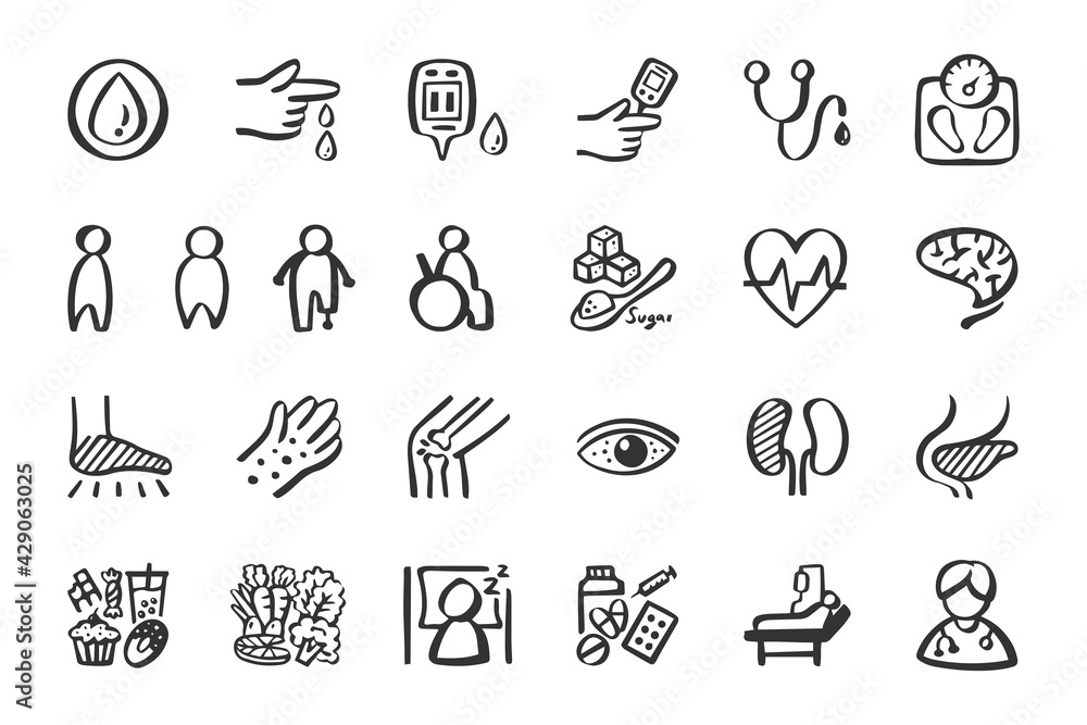 Diabetes mellitus icon set hand drawn doodle icons Stock Vector | Adobe ...