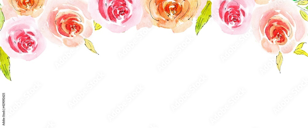 Watercolor floral banner with pink roses. Floral background for wedding ...