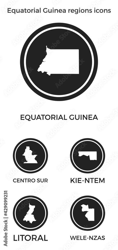 Equatorial Guinea regions icons. Black round logos with country regions ...