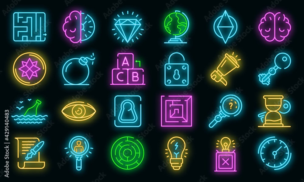 Quest icons set. Outline set of quest vector icons neon color on white ...