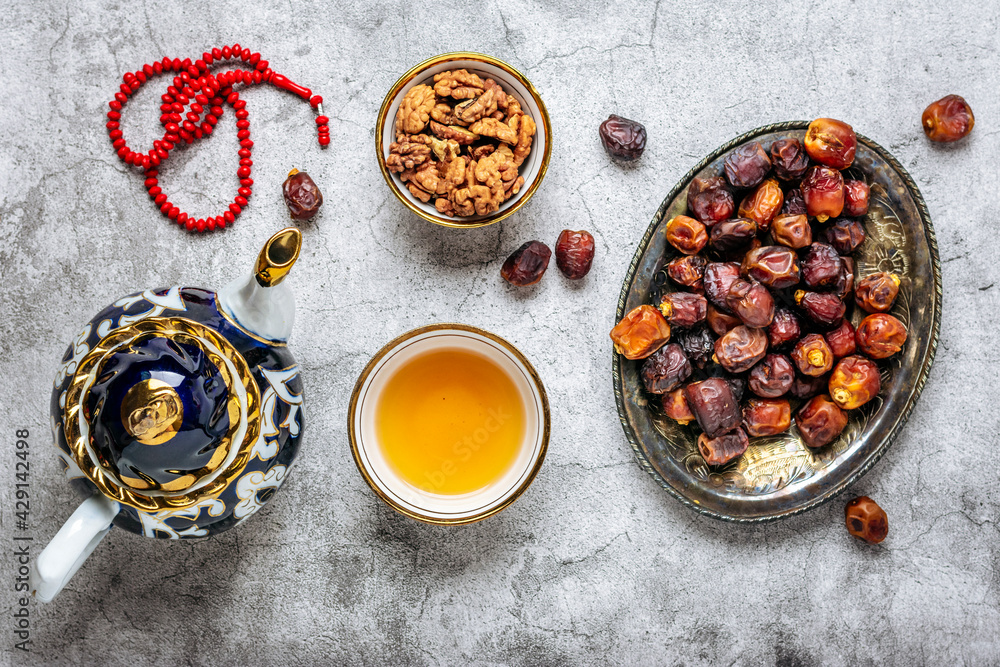 Popular food during Iftar - macadamia nuts, pistachios, walnuts, dry ...