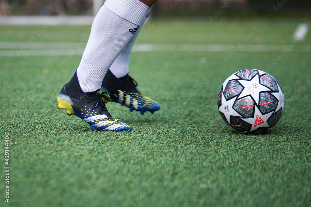 Bangkok, Thailand - April 2021: A football player who is wear Adidas ...