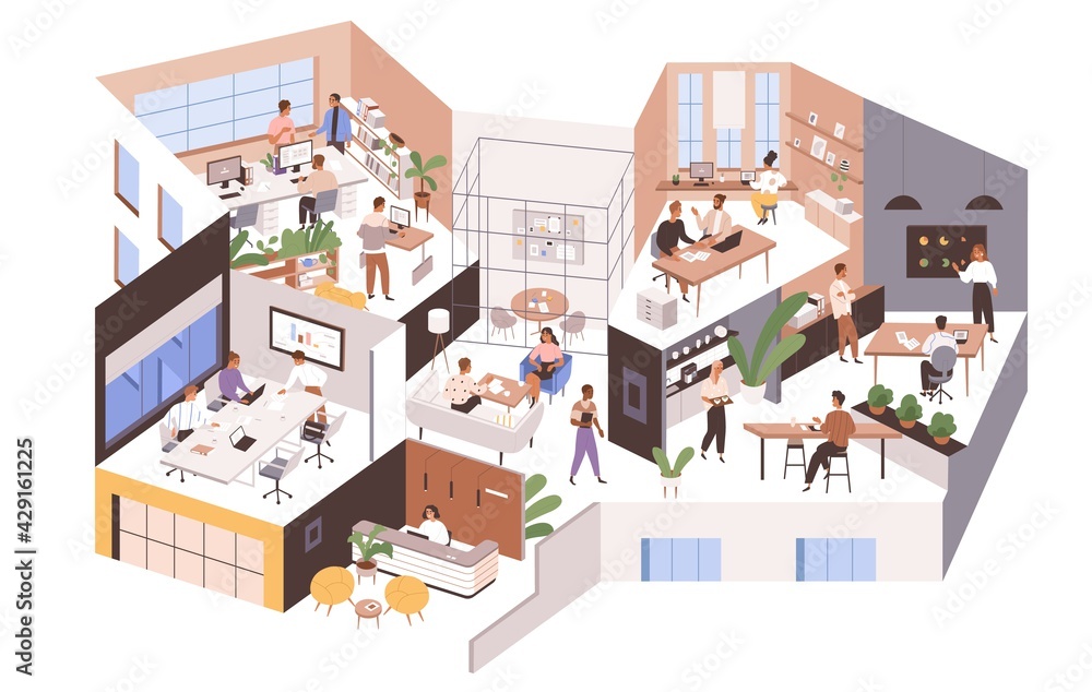 Inside large office with different rooms, work areas and spaces. Modern ...