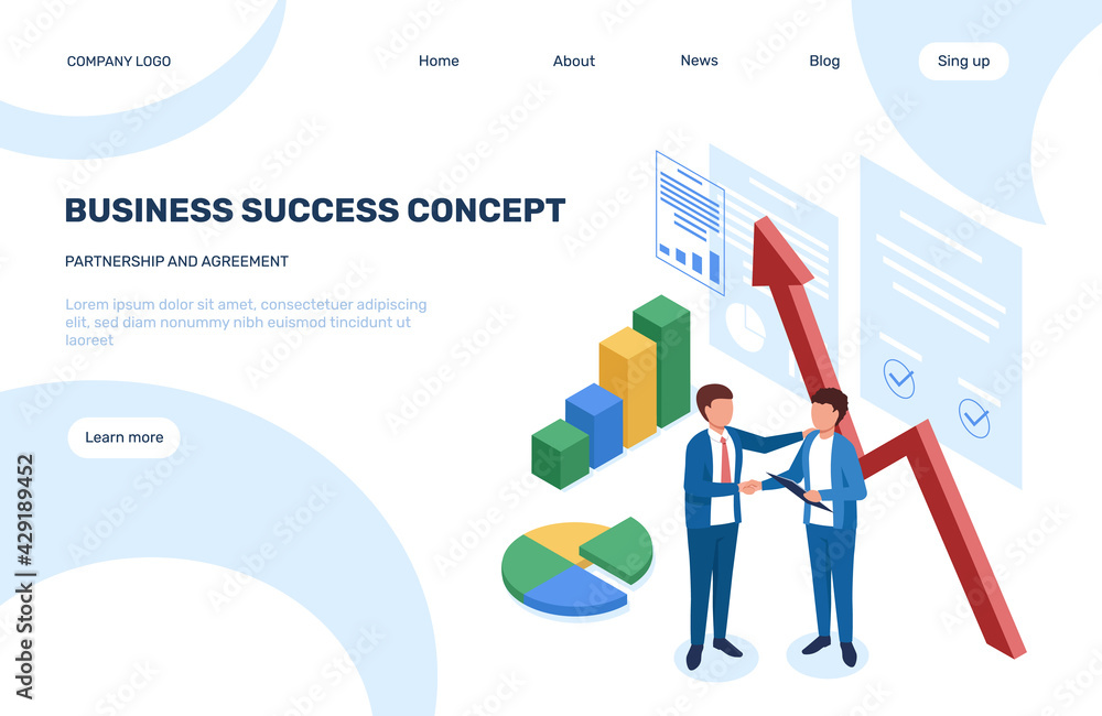 Partnership isometric concept. Businessmen handshaking with growth ...
