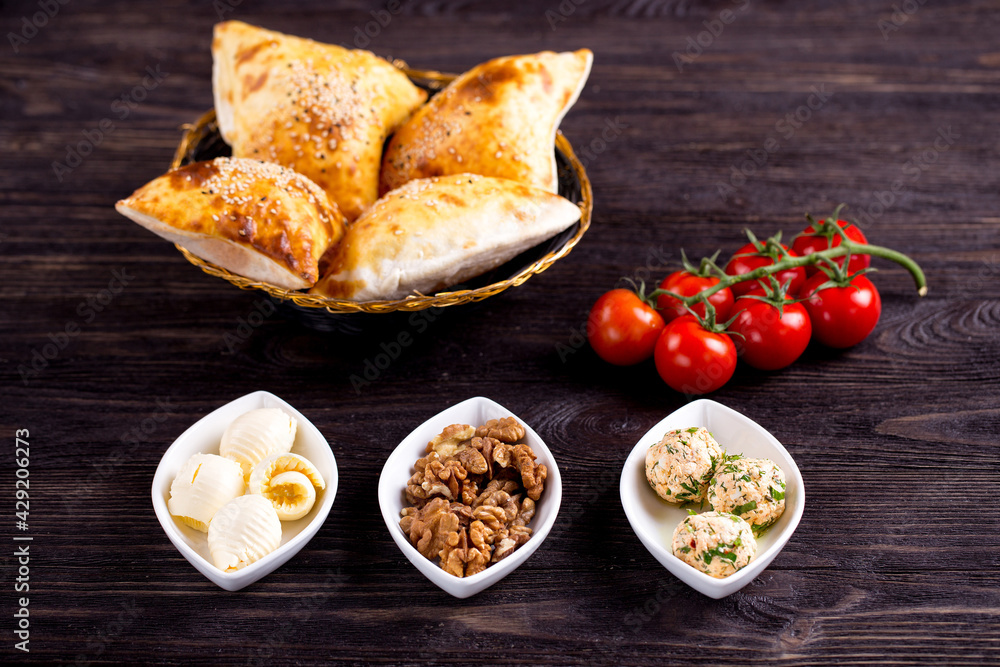 Assorted Middle Eastern and arabic dishes on a dark rustic background ...
