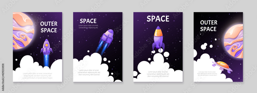 Set of cartoon space backgrounds with rockets and shuttles in game ...