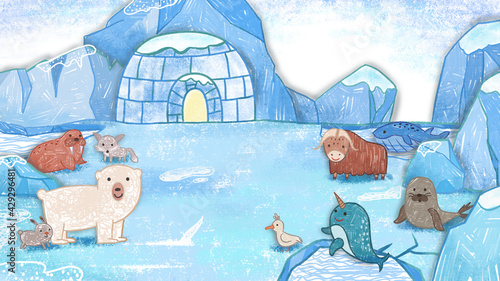 Arctic Animals Backdrop Cartoon Background for Green screen. Cute ...