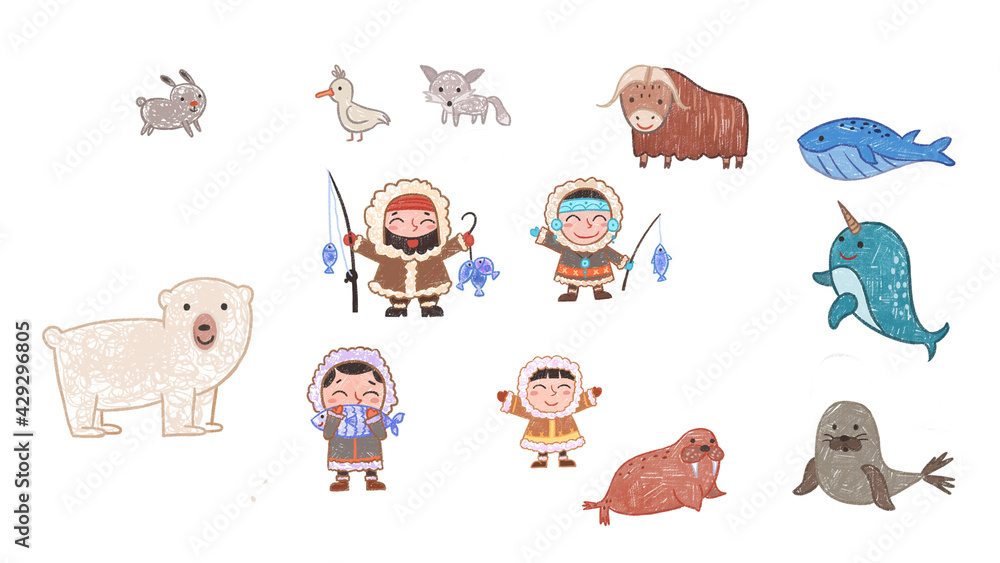 Arctic people and animals. Cartoon Drawing cute animal oil pastel ...