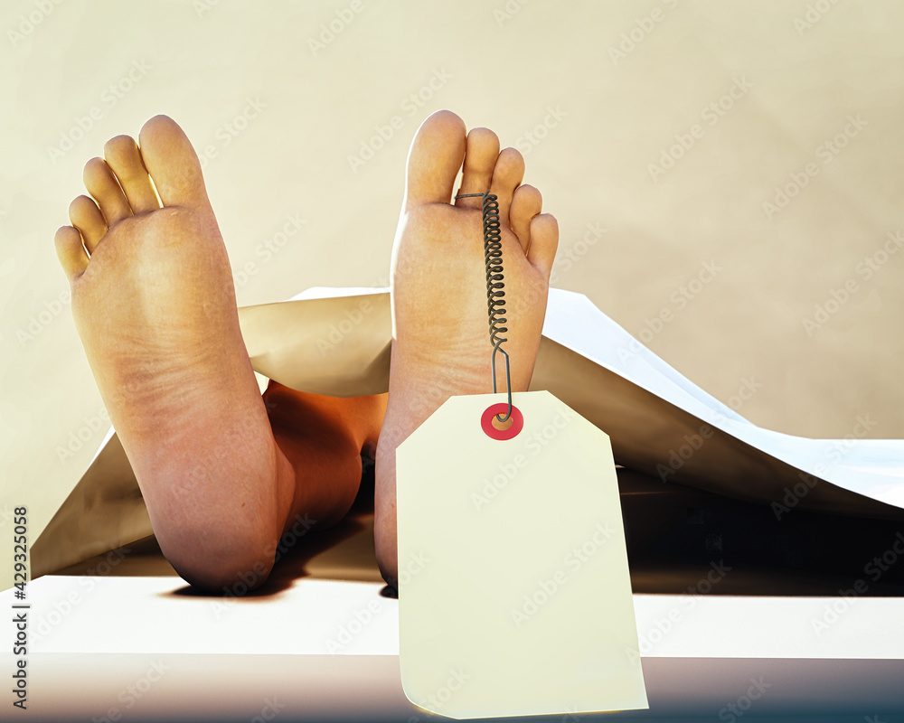 DOA dead body on coroner table. Feet showing with toe tag. Illustration ...