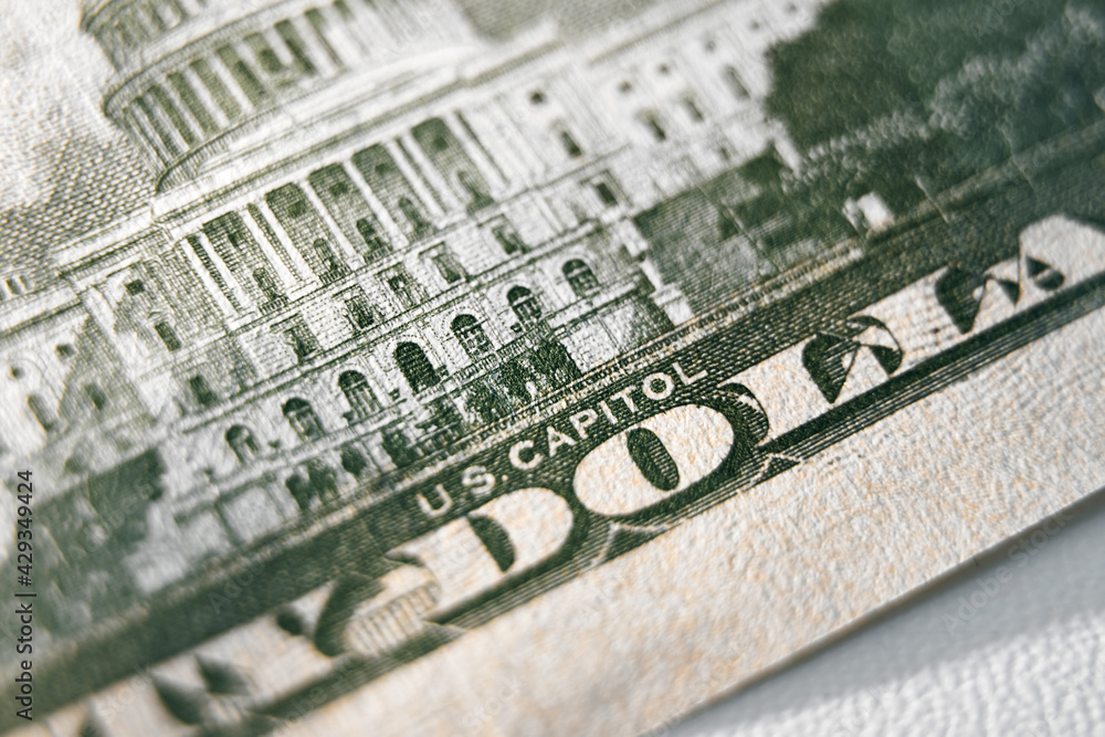 United States treasury sign on the US dollar bill. Macro photo of sign ...