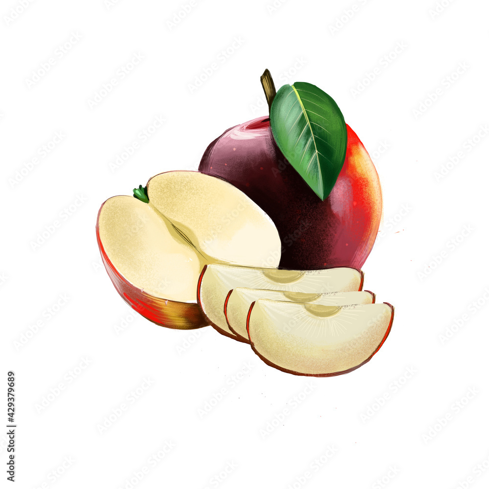 Illustration Stock Red apple on white background. Half of apple and ...