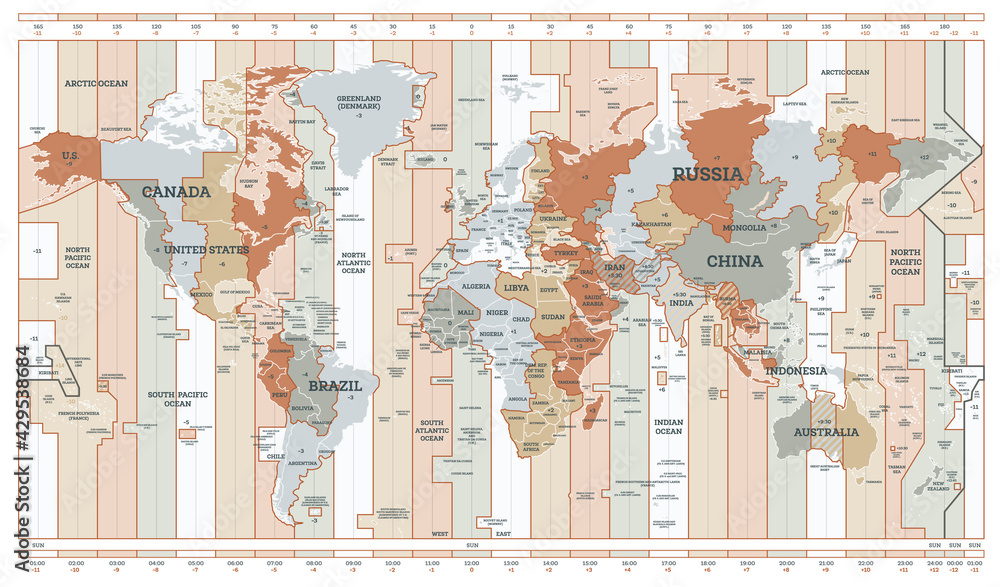 Time Zone Map. Detailed World Map with Countries Names. Stock Vector ...