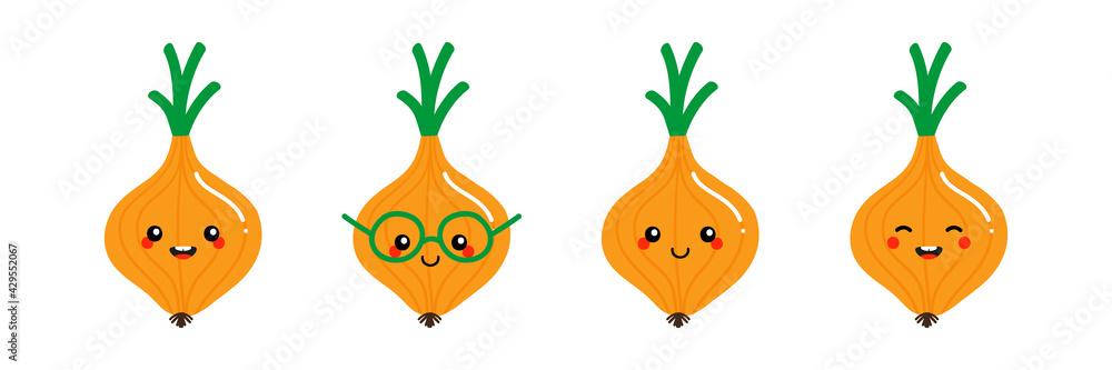 Set, collection of cute smiling cartoon style onion, onion bulb ...