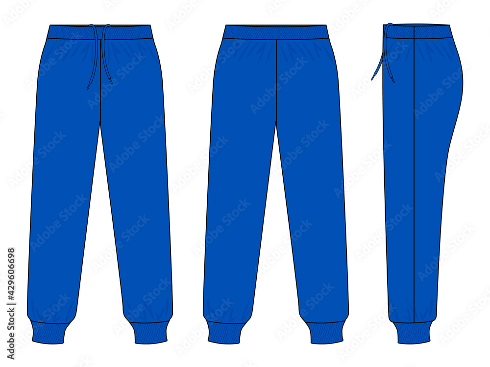 Blue Tracksuit Pants Template on White Background. Front, Back and Side ...