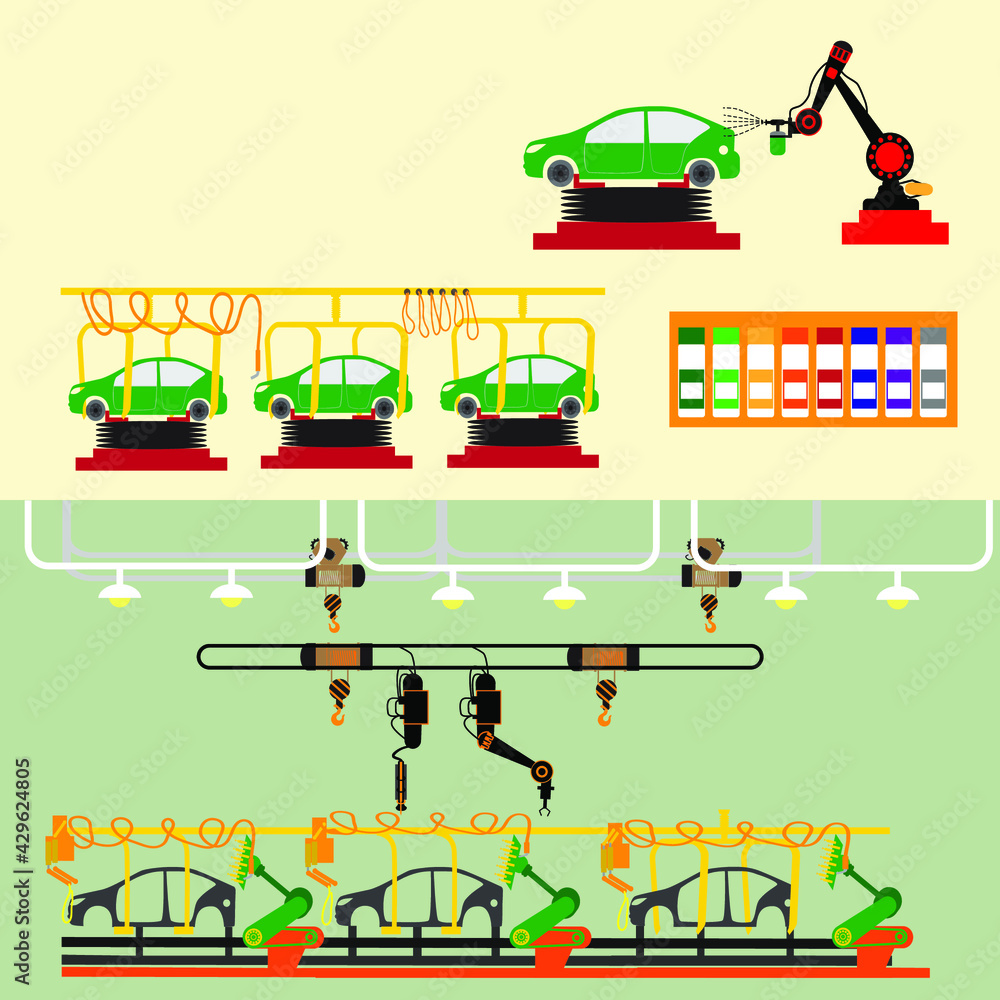 Automated factory assembly line with robotic arm and conveyor belt ...