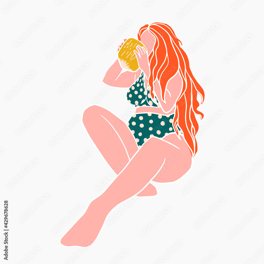Vector de Stock Plus size girl drinks coconut water. Body positive concept. Attractive ...