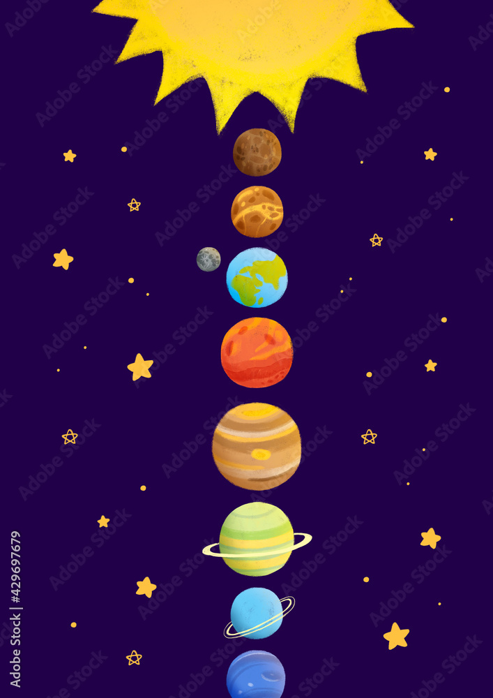 Cute cartoon Solar System poster on dark background with stars ...